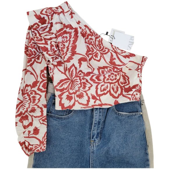 Zara | Tops | Nwt Zara One Shoulder Asymmetrical Red White Printed ...